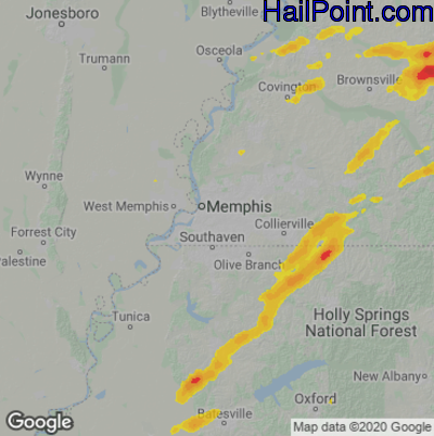 Hail Map for Memphis, TN Region on July 1, 2023