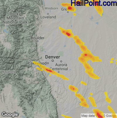 Hail Map for Denver, CO Region on July 8, 2023