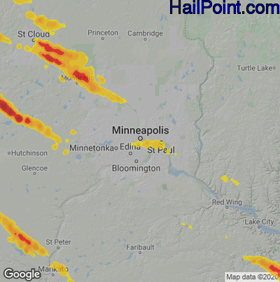 Hail Map for Minneapolis, MN Region on July 13, 2023