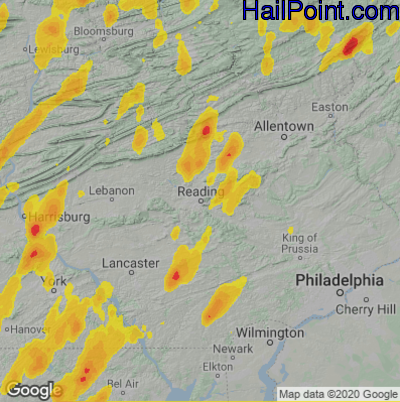 Hail Map for Reading, PA Region on September 7, 2023
