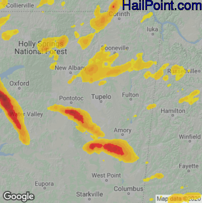 Hail Map for Tupelo, MS Region on May 24, 2024