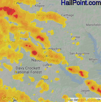Hail Map for Nacogdoches, TX Region on May 28, 2024