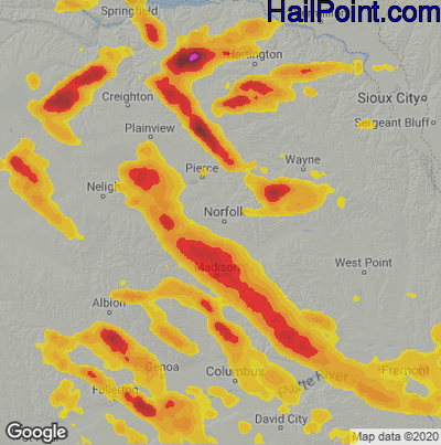 Hail Map for Norfolk, NE Region on June 25, 2024