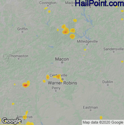 Hail Map for Macon, GA Region on July 15, 2024