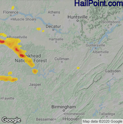 Hail Map for Cullman, AL Region on March 13, 2025