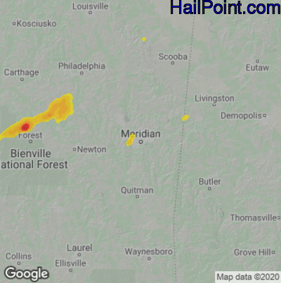 Hail Map for Meridan, MS Region on April 21, 2025