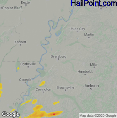 Hail Map for Dyersburg, TN Region on May 2, 2025