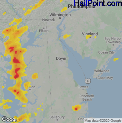 Hail Map for Dover, DE Region on July 8, 2025