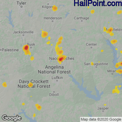 Hail Map for Nacogdoches, TX Region on August 18, 2025